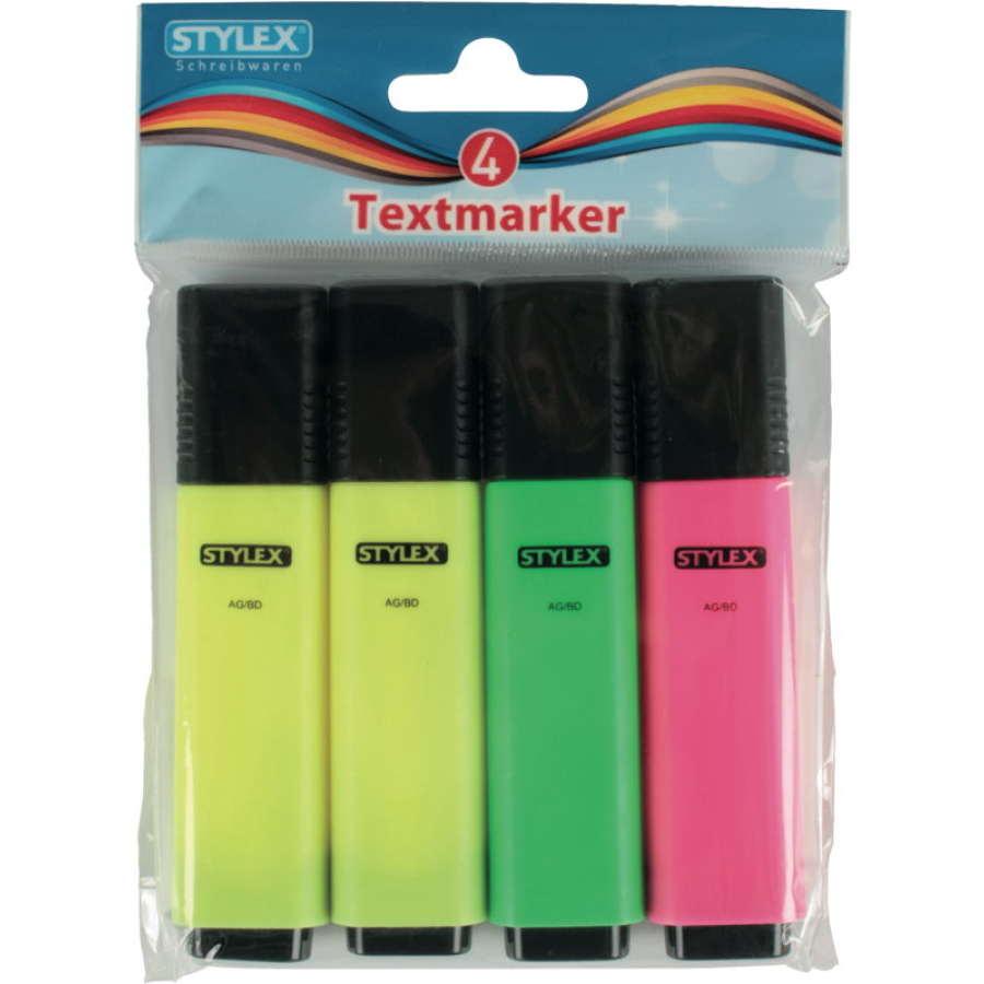 STYLEX® Textmarker mit Clip, 1 Packung = 4 Stück, farbig sortiert ...